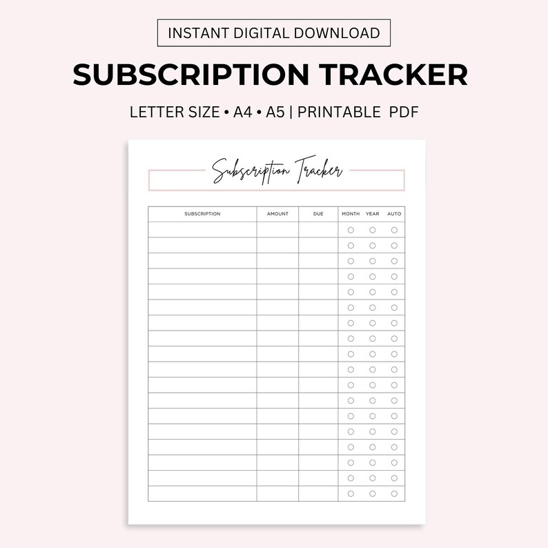 Subscription Tracker Printable, Membership Tracking, Account Tracker, Monthly Subscription ...