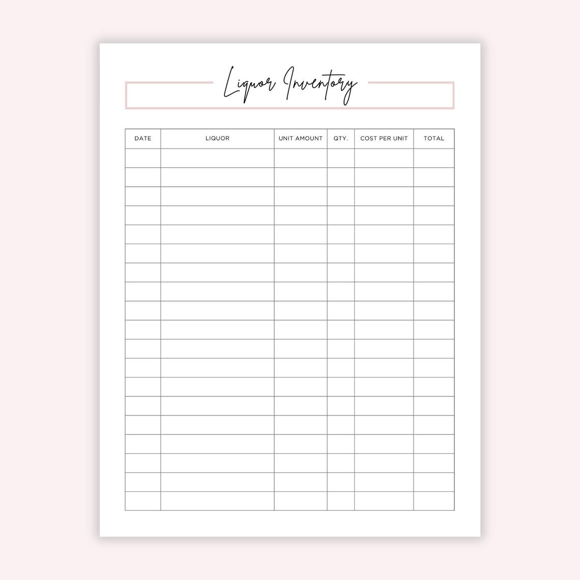 Liquor Inventory Printable, Bar Inventory, Cocktail Beverage Supply ...