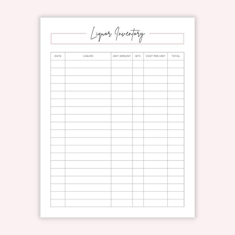 Liquor Inventory Printable, Bar Inventory, Cocktail Beverage Supply ...