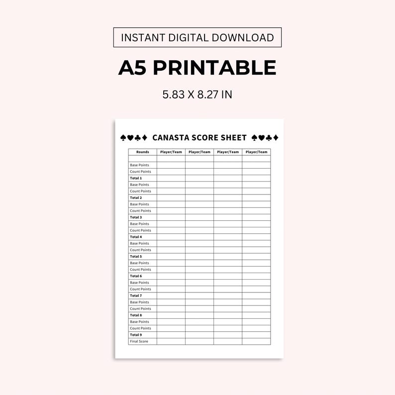 Canasta Score Sheet: Printable Scorecard (letter/a4/a5 PDF) - Etsy