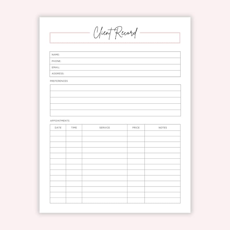 Client Record Printable, Client Book, Client Preferences, Appointment ...
