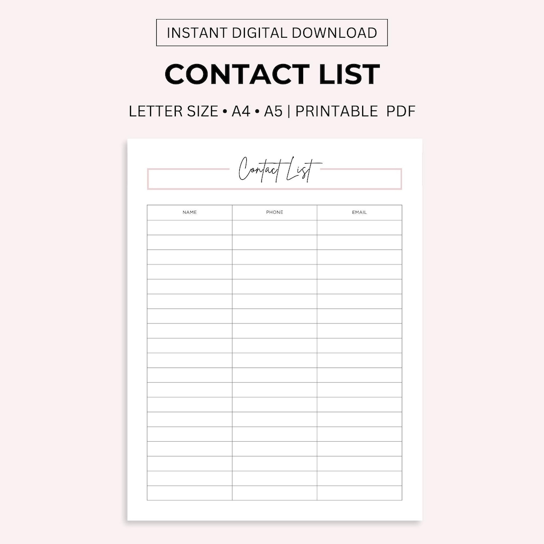 Contacts List Printable, Contact Information, Address Book, Contact ...