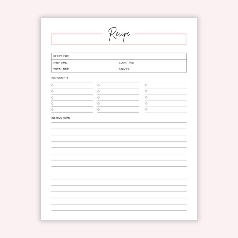 Blank Recipe Page Printable: Cook Book Journal (PDF Download) - Etsy
