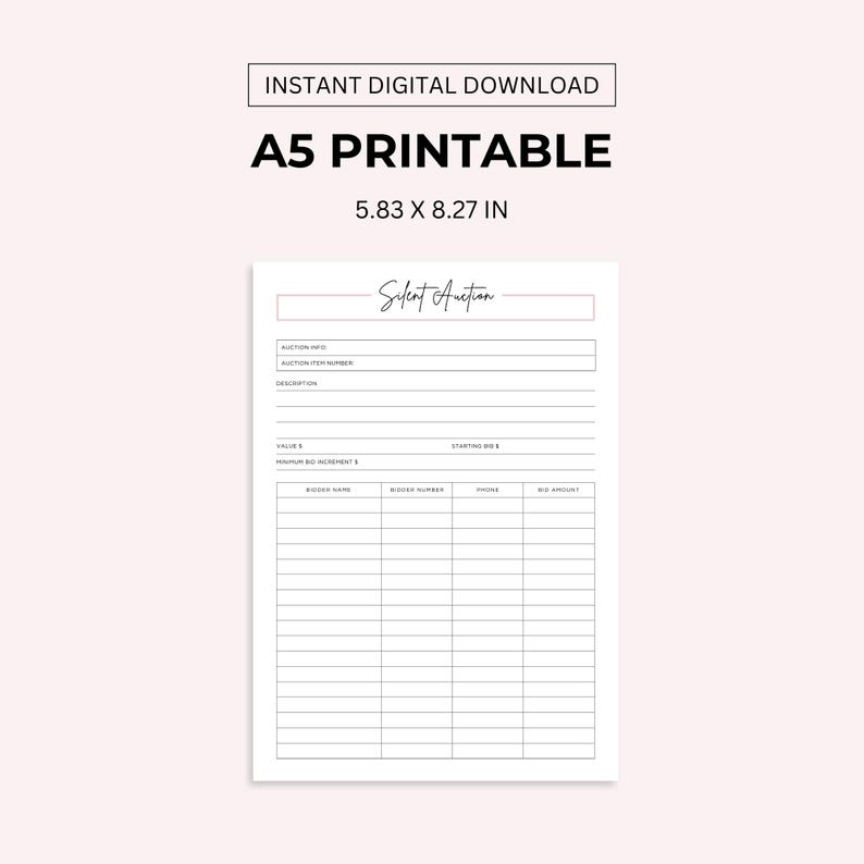 Silent Auction Bid Sheet Printable: Fundraiser Sign up (PDF) - Etsy