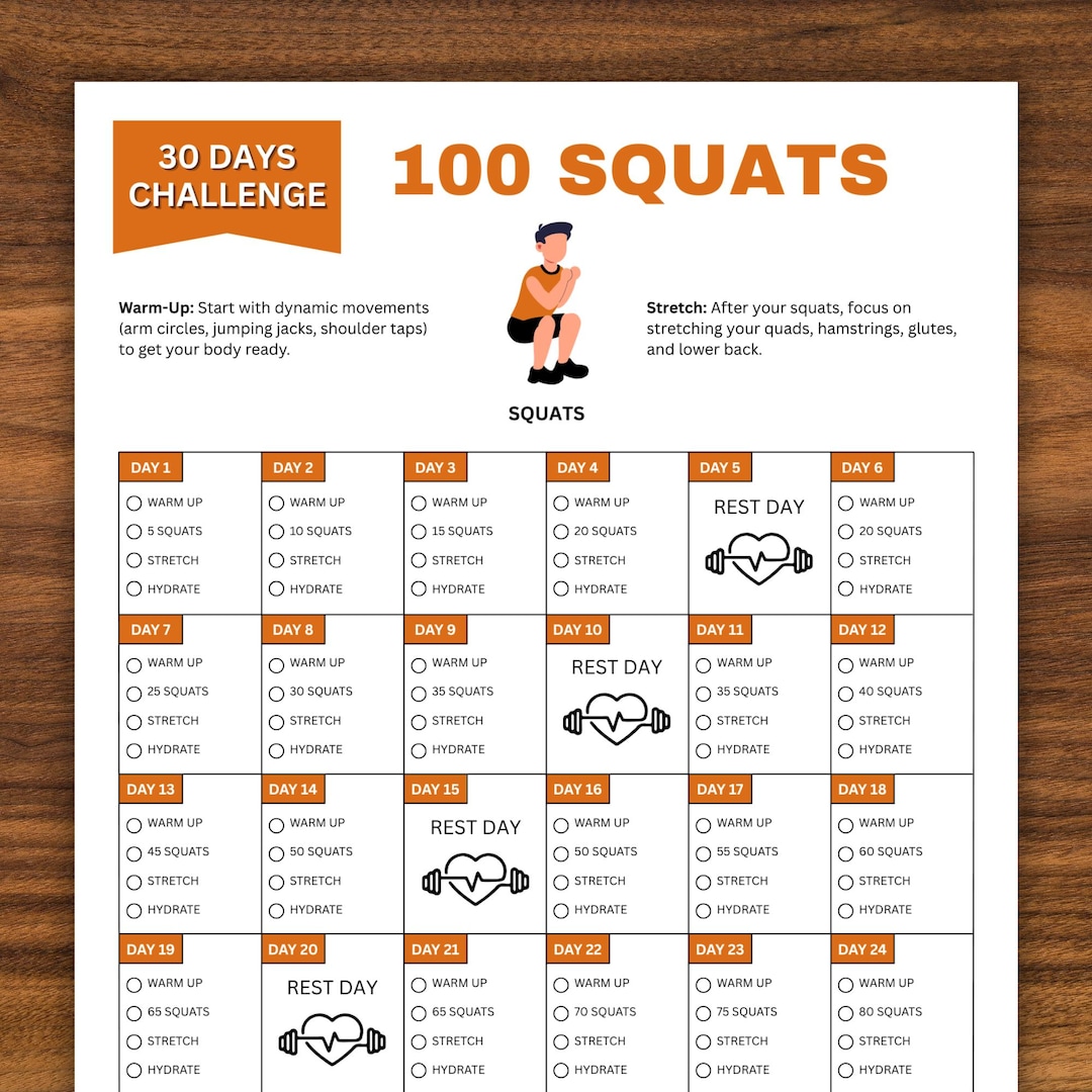 100 Squats Plank 30 Days Challenge, Fitness Challenge, Exercise Planner ...