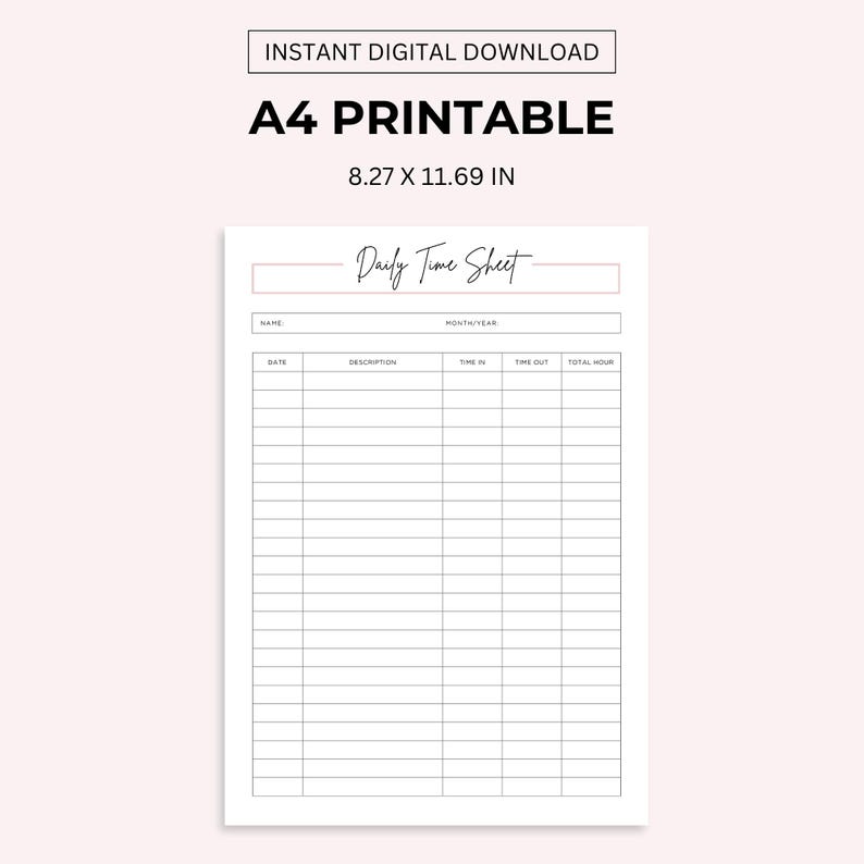 Daily Time Sheet Printable: Work Schedule Log (letter/a4/a5 PDF) - Etsy
