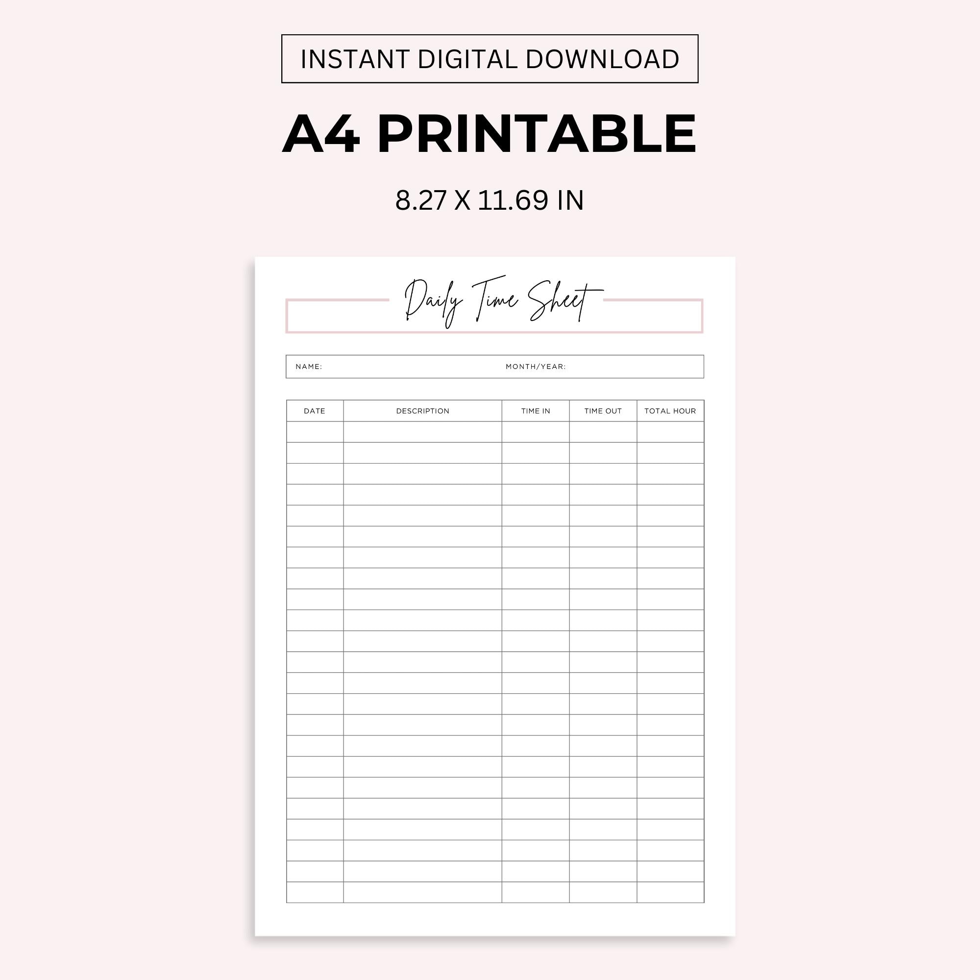 Daily Time Sheet Printable: Work Schedule Log (letter/a4/a5 PDF) - Etsy