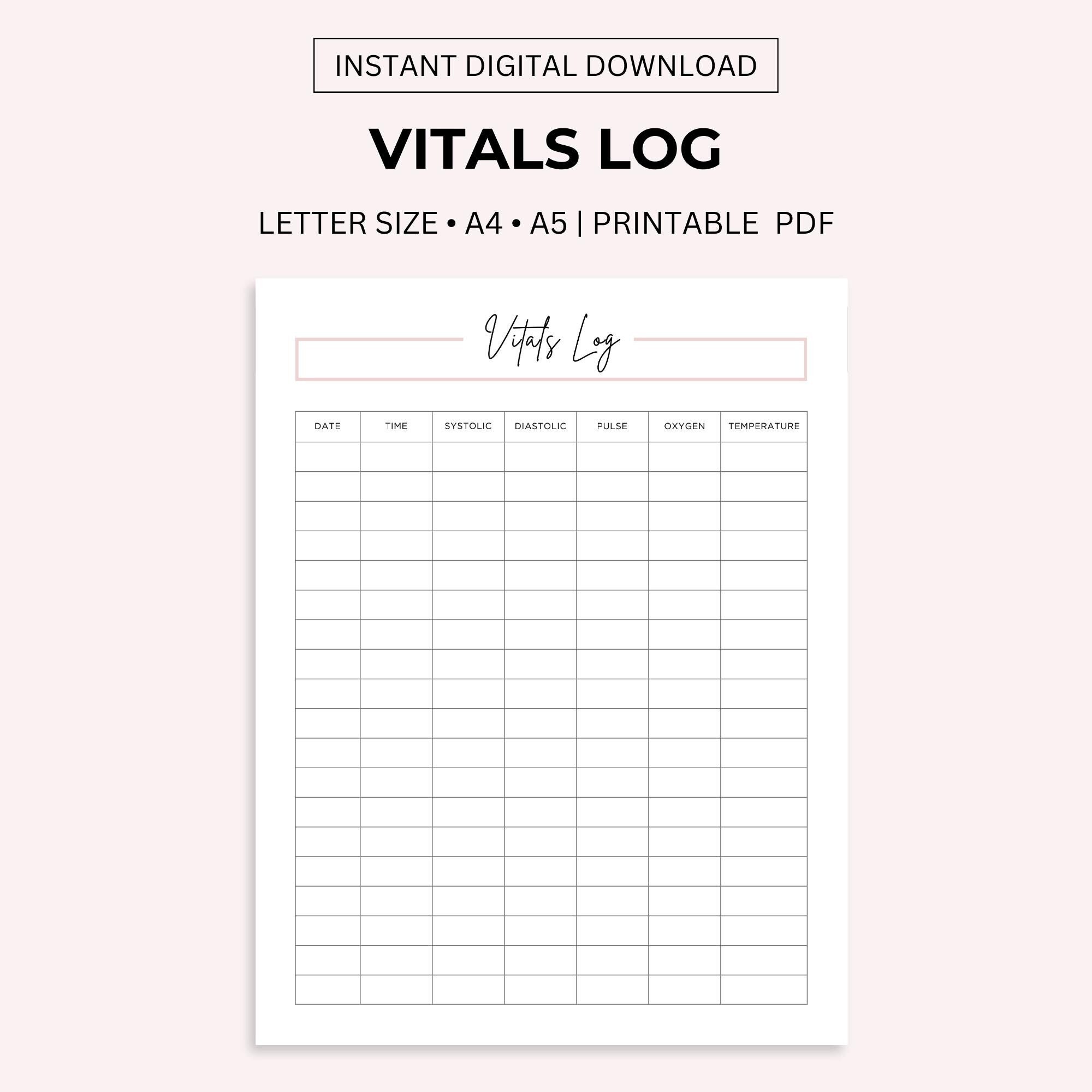 Vitals Log Printable, Blood Pressure, Vital Signs Tracker (PDF) - Etsy