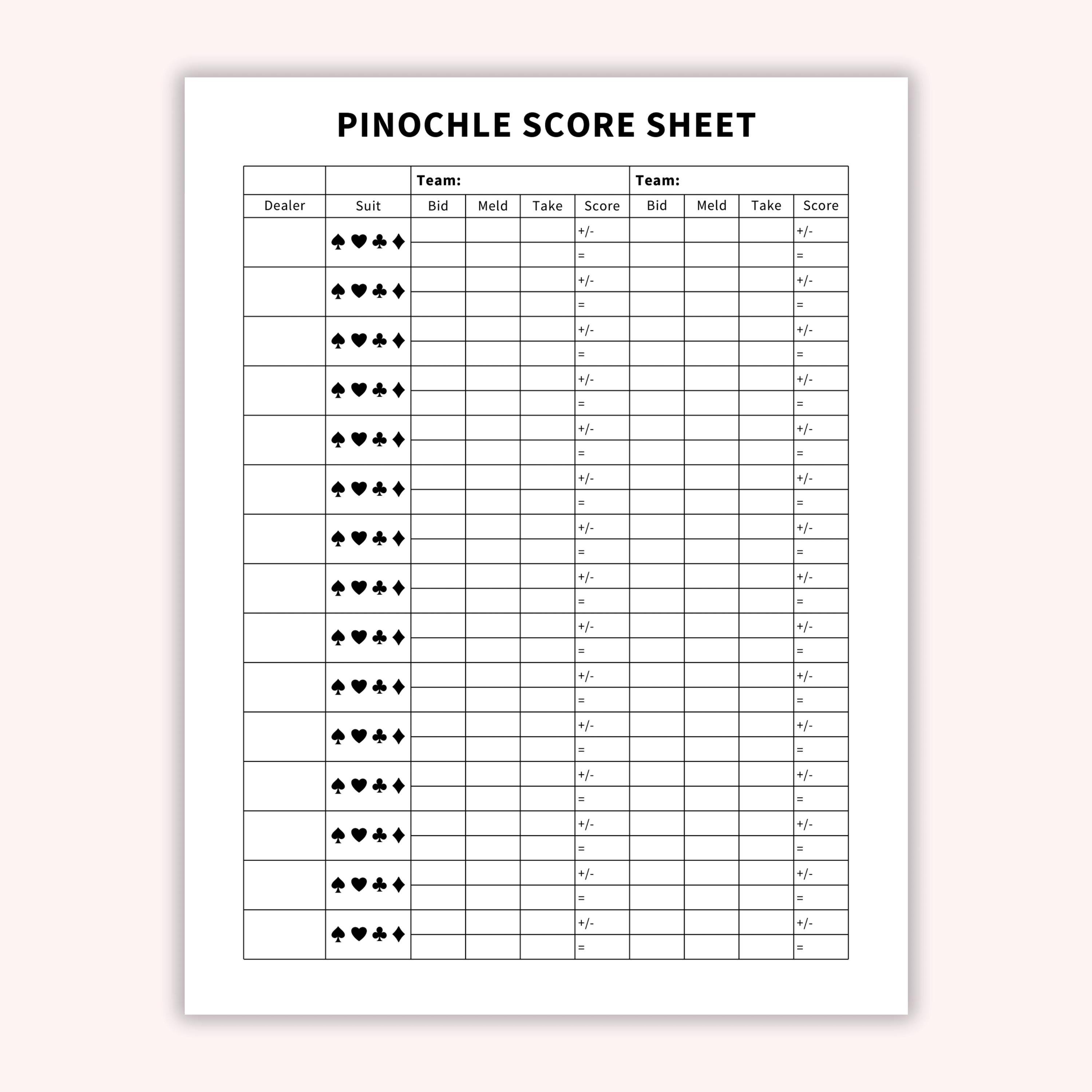 Pinochle Score Sheet: Printable Scorecard (letter/a4/a5 PDF) - Etsy
