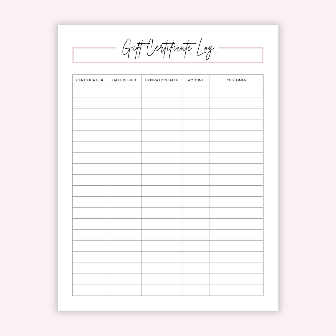 Gift Certificate Log Printable, Customer Contact Form, Client Contact ...