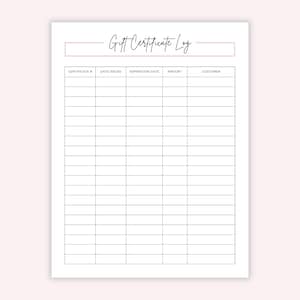 Gift Certificate Log Printable, Customer Contact Form, Client Contact ...