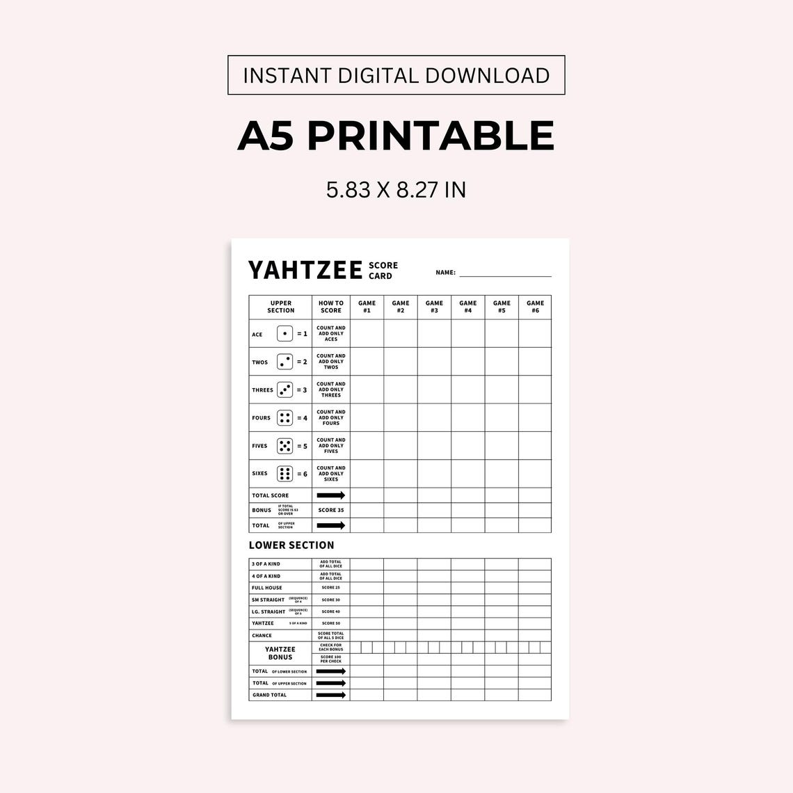 Yahtzee Score Card Printable (letter/a4/a5 PDF) - Etsy