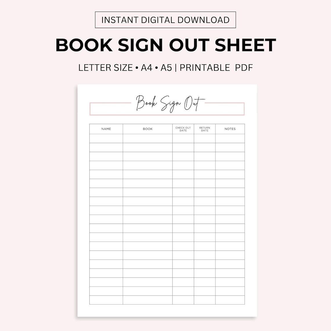 Library Book Sign Out Sheet Printable, Book Sign Out Form, Book Borrow ...