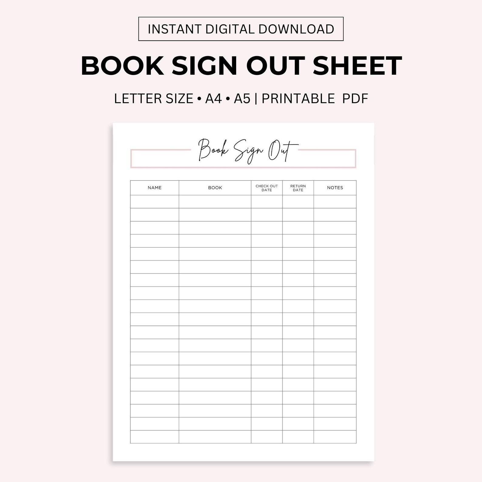 Library Book Sign Out Sheet Printable, Book Sign Out Form, Book Borrow ...