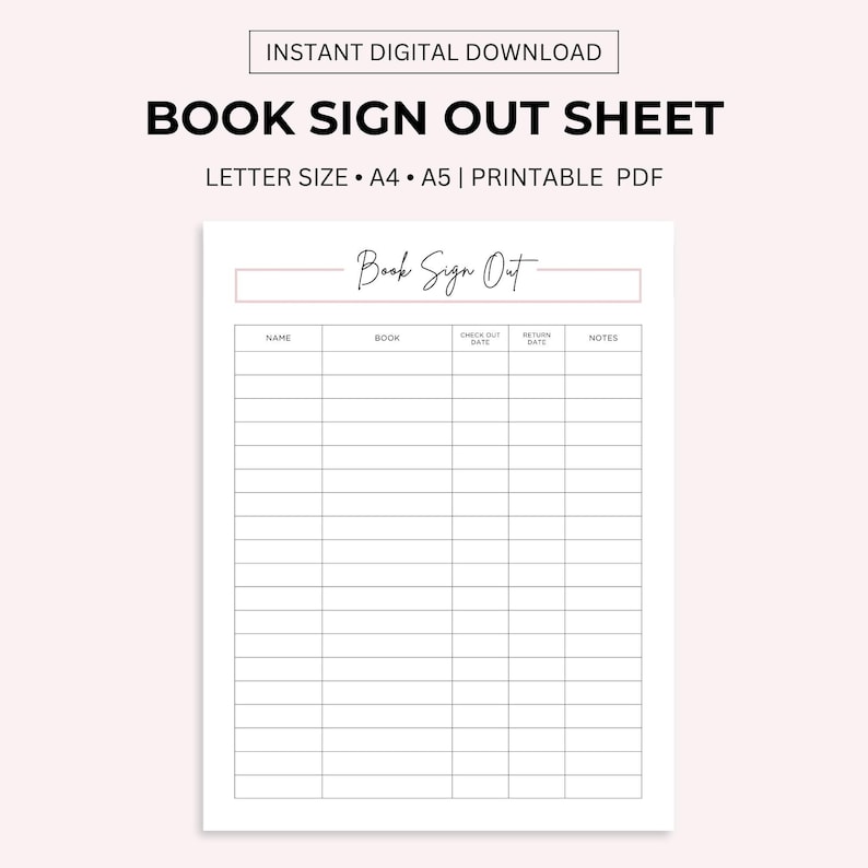 Library Book Sign Out Sheet Printable, Book Sign Out Form, Book Borrow ...
