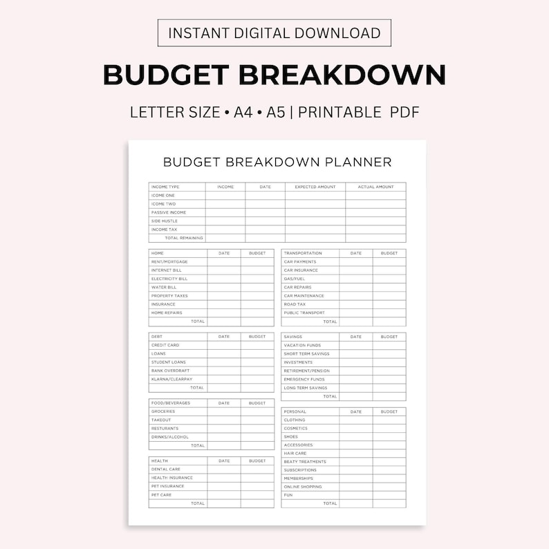 Budget Breakdown Planner: Financial Planning Printable (PDF) - Etsy