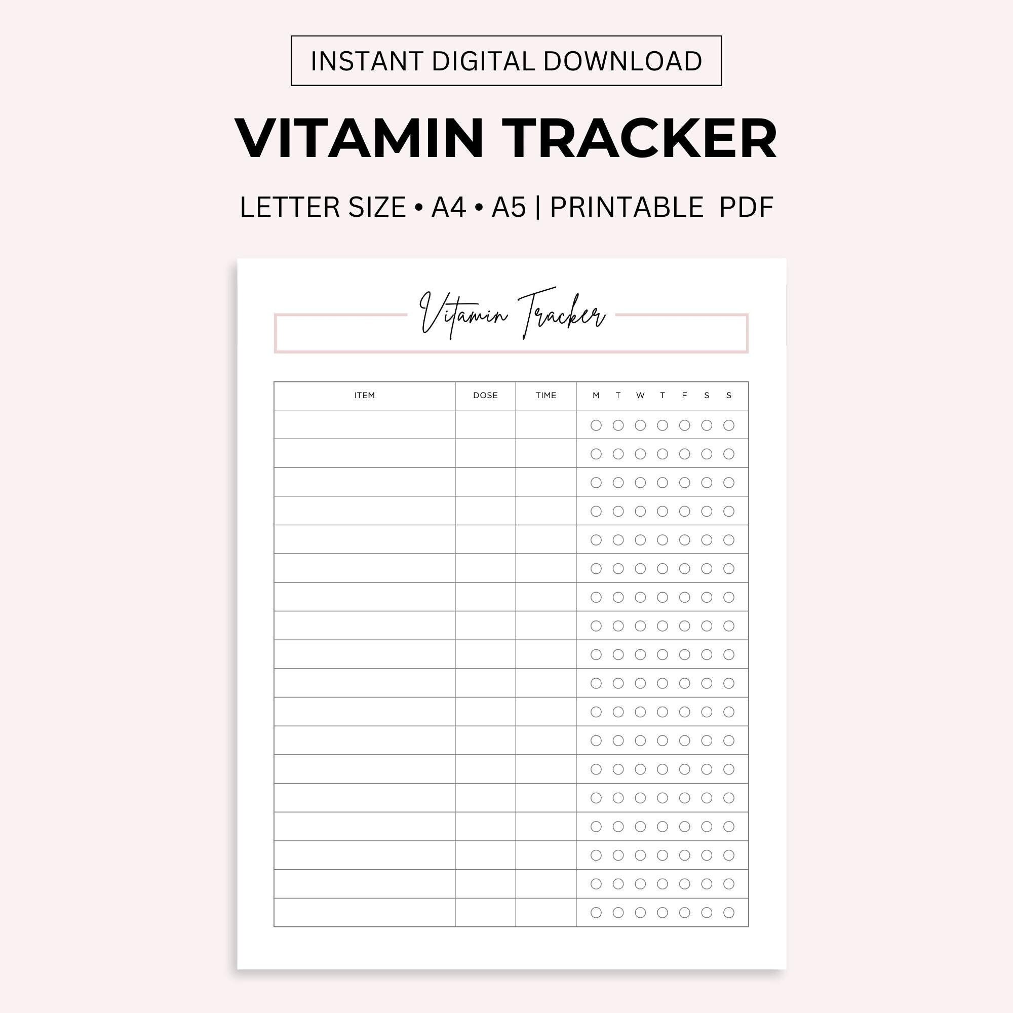 Weekly Vitamin Tracker Printable, Supplement Checklist, Daily Vitamin ...