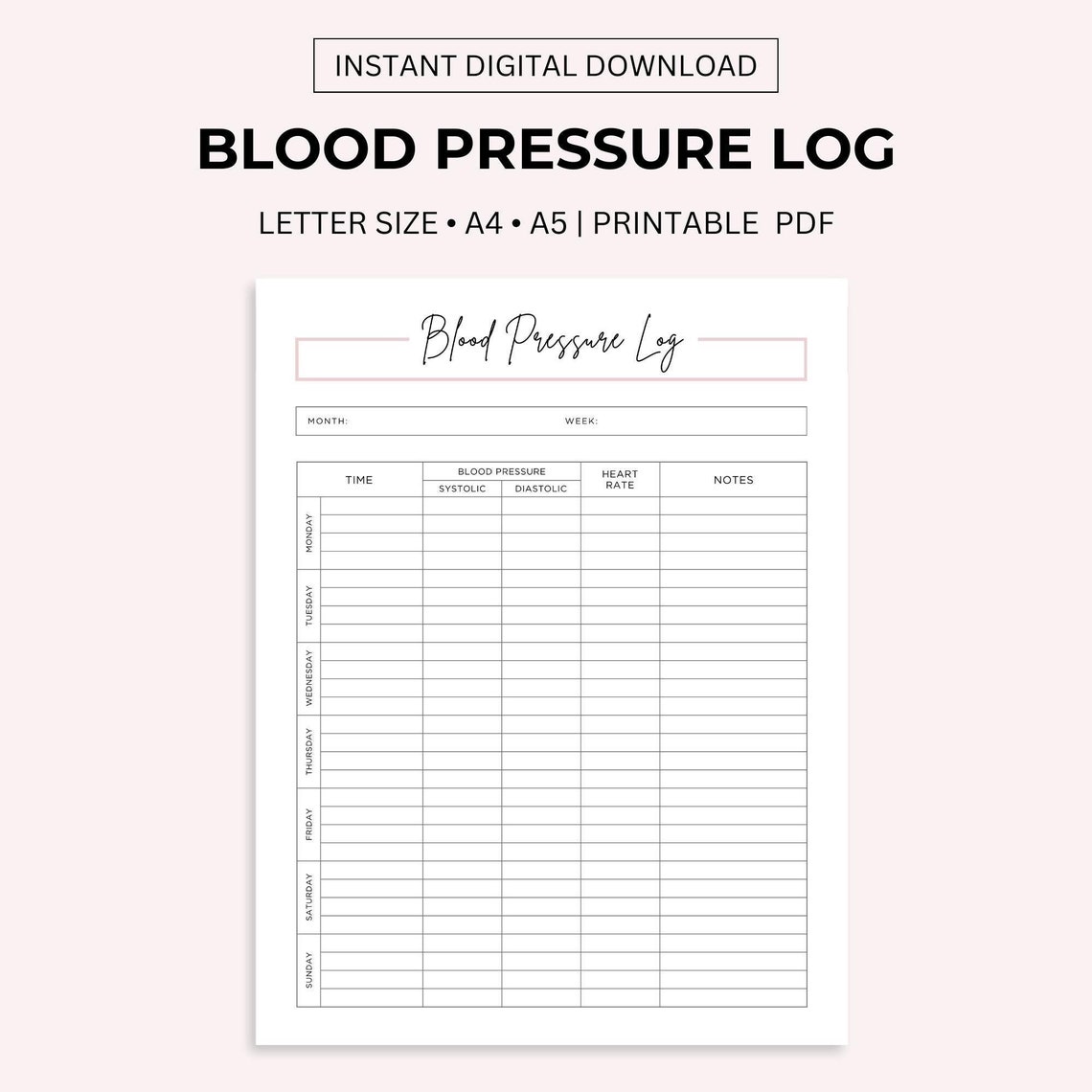 Blood Pressure Log Printable, High Blood Pressure Tracker, Hypotension ...