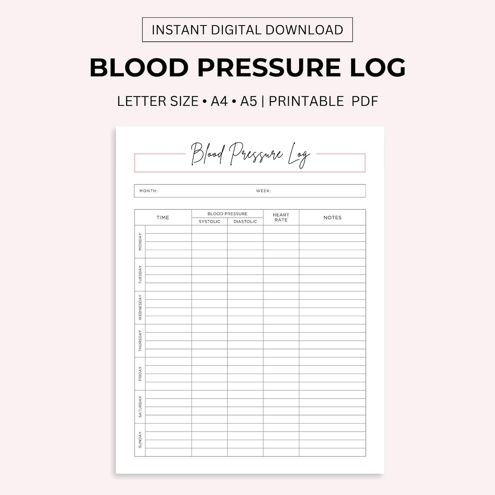 Blood Pressure Log Printable, High Blood Pressure Tracker, Hypotension ...