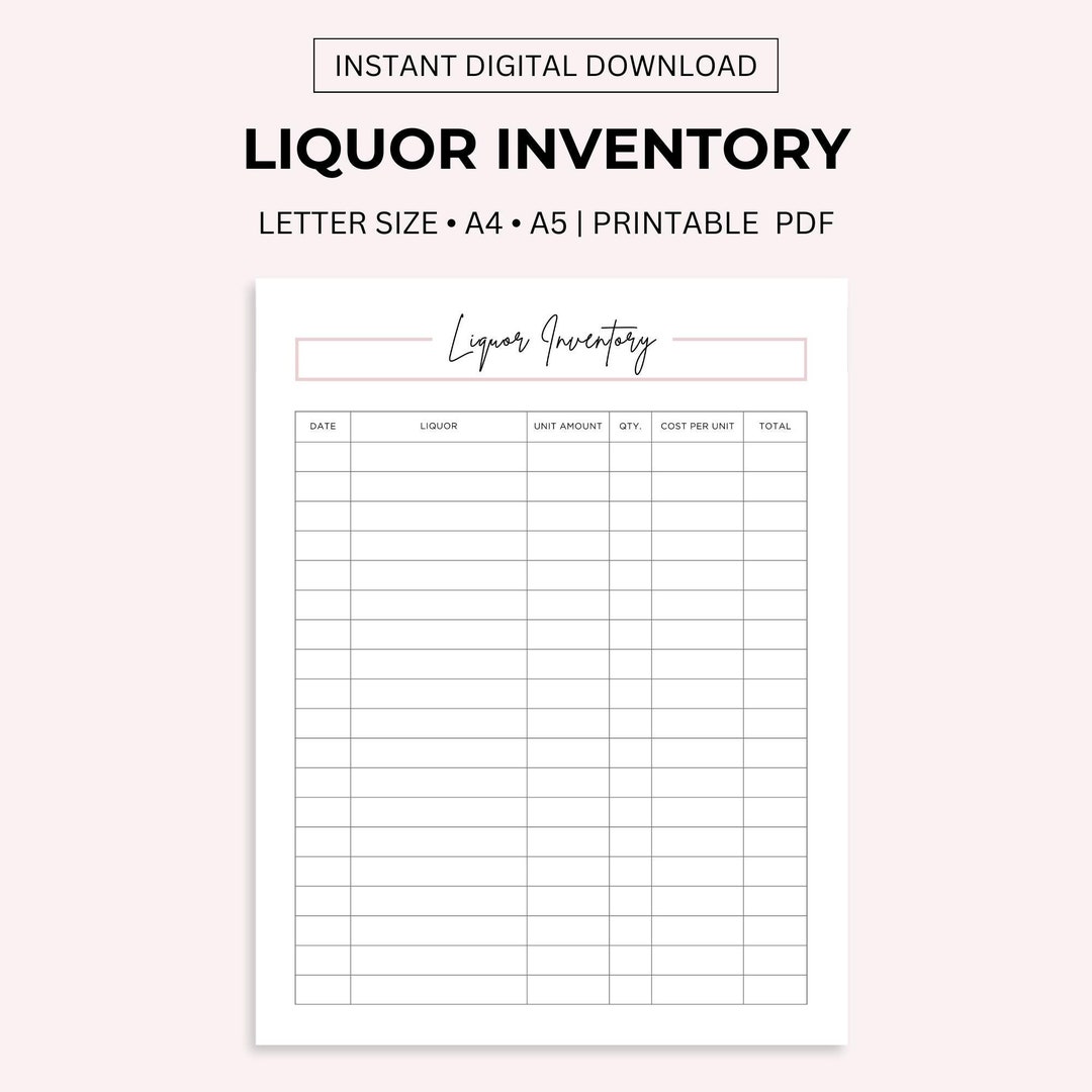 Liquor Inventory Printable, Bar Inventory, Cocktail Beverage Supply ...