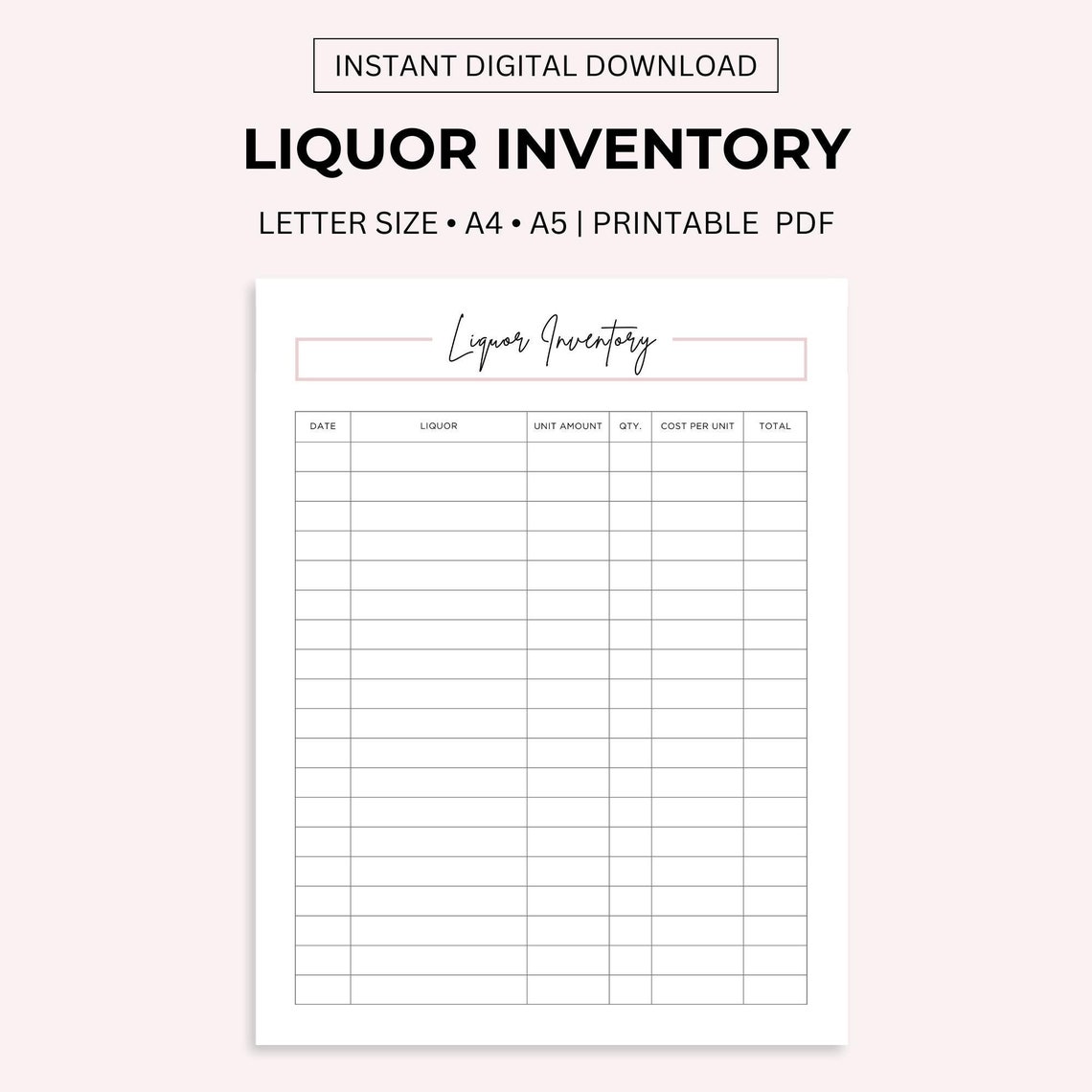 Liquor Inventory Printable, Bar Inventory, Cocktail Beverage Supply ...