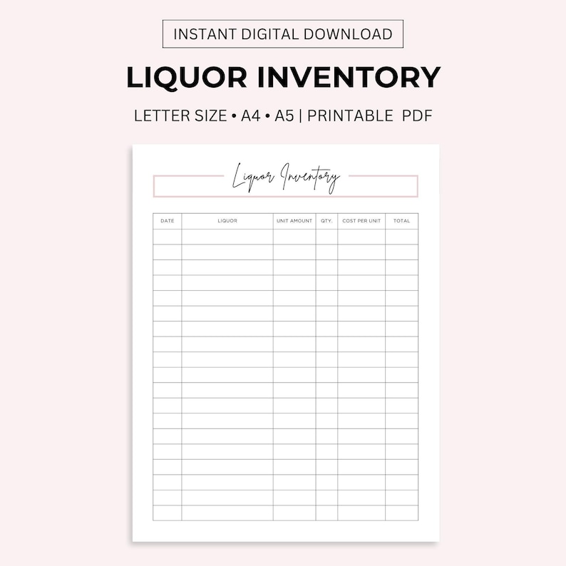 Liquor Inventory Printable, Bar Inventory, Cocktail Beverage Supply ...