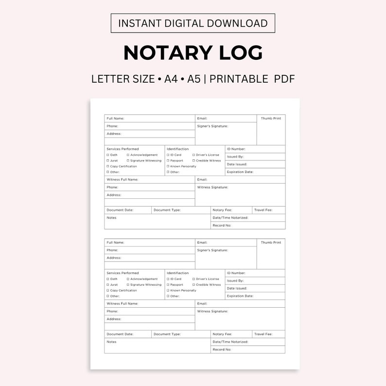 Notary Journal Printable: A4, A5, Letter Size (PDF Download) - Etsy