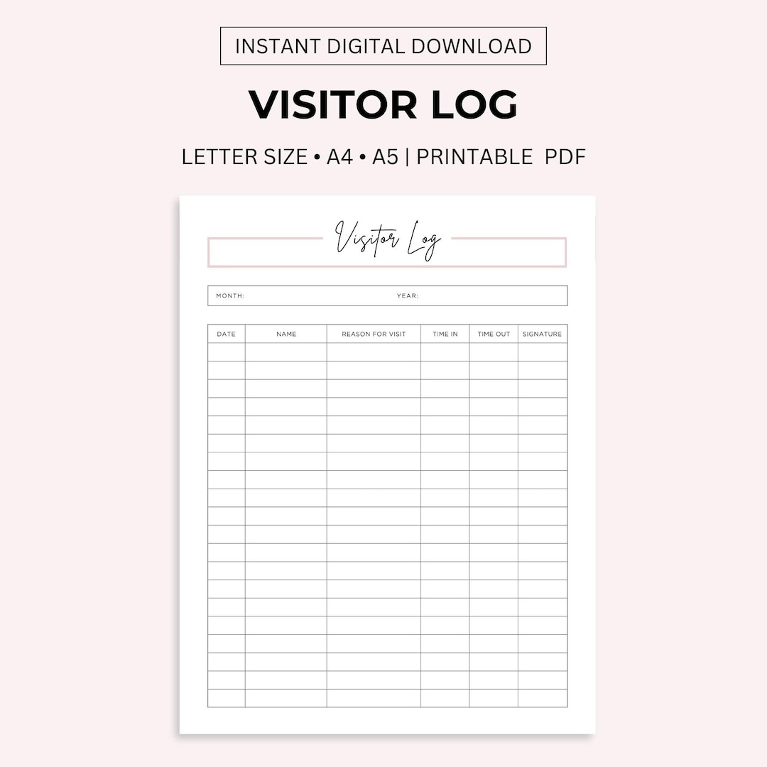 Visitor Log Printable: Sign In/out Sheet (letter/a4/a5 PDF) - Etsy