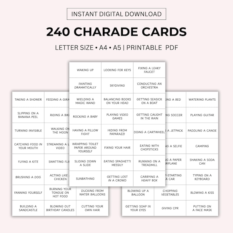 240 Charade Cards for Family Game Night (printable PDF) - Etsy