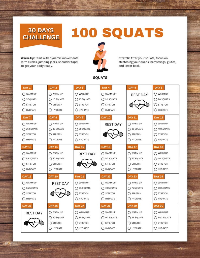 100 Squats Plank 30 Days Challenge, Fitness Challenge, Exercise Planner ...