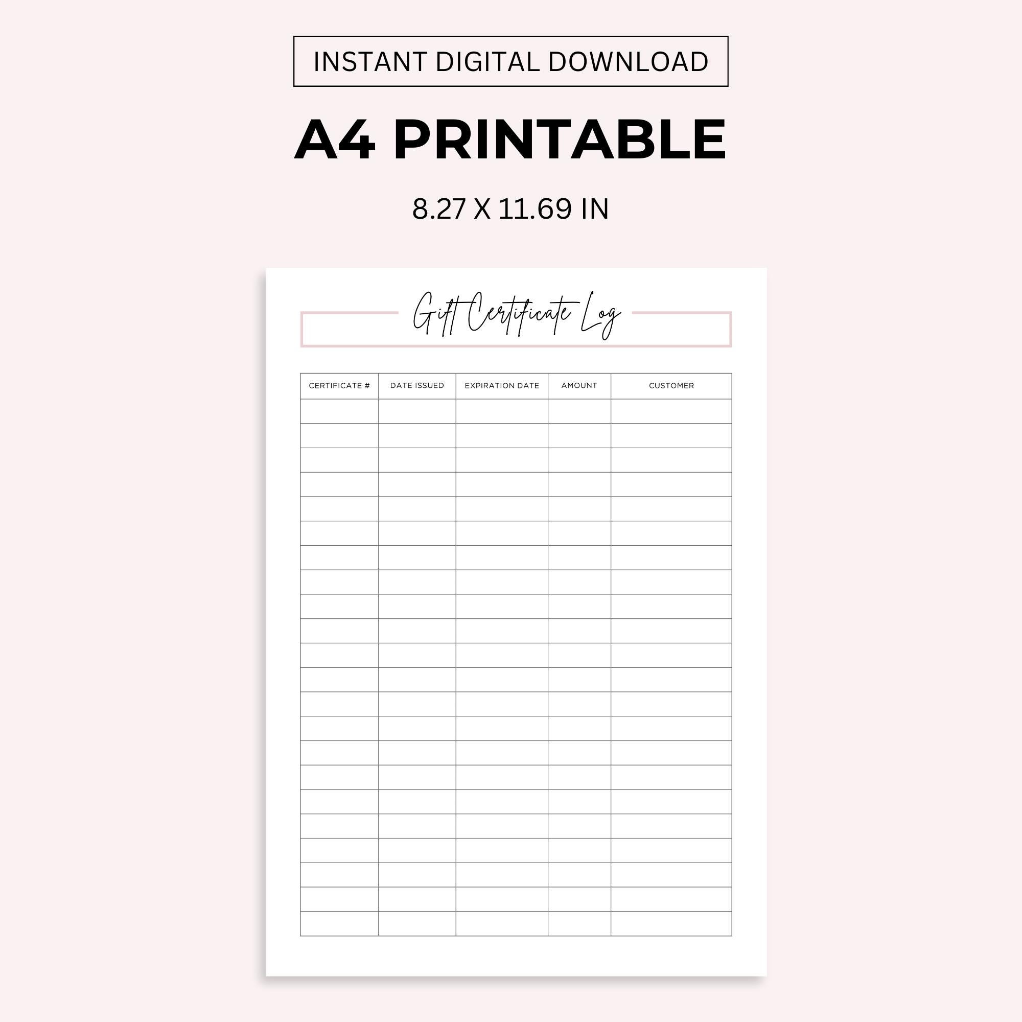 Gift Certificate Log Printable, Customer Contact Form, Client Contact ...