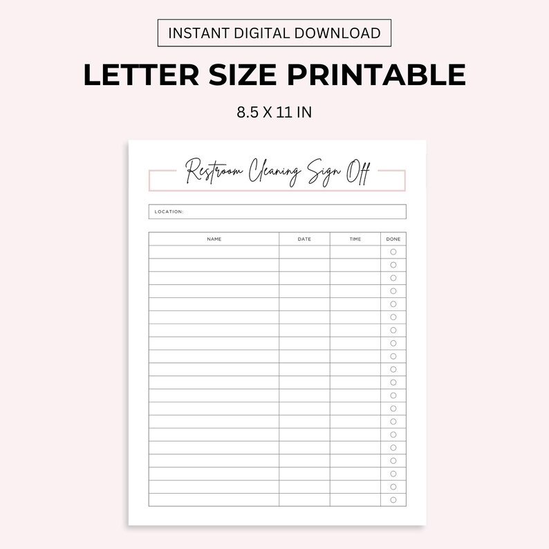 Restroom Cleaning Log Printable, Cleaning Checklist for Businesses ...