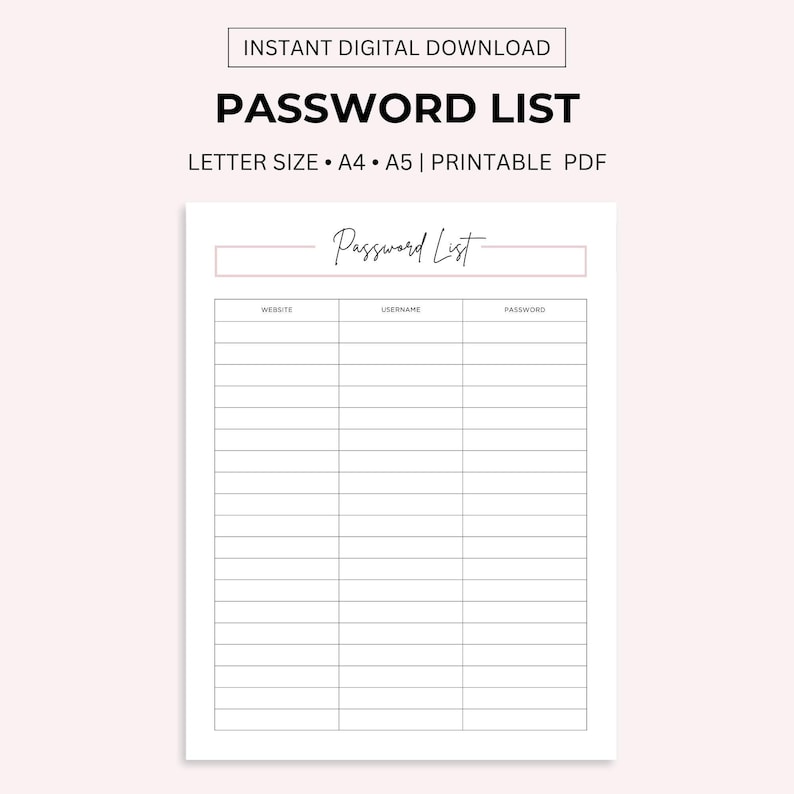 Password List Printable, Password Keeper, Password Organizer, Password ...
