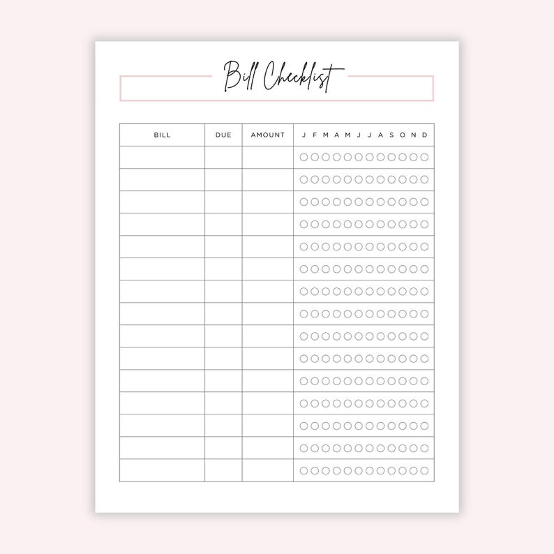 Yearly Bill Payment Tracker Printable, Bill Payment Checklist, Bill ...