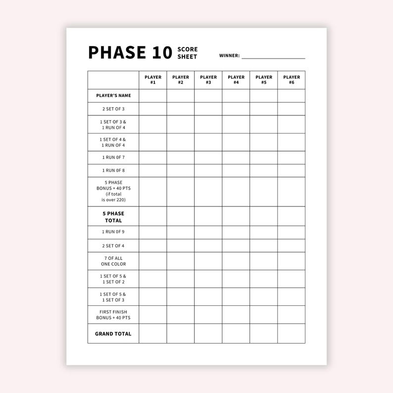 Phase 10 Dice Score Sheet, Phase 10 Dice Game Record Keeper Sheet, Digital Download - Etsy Australia