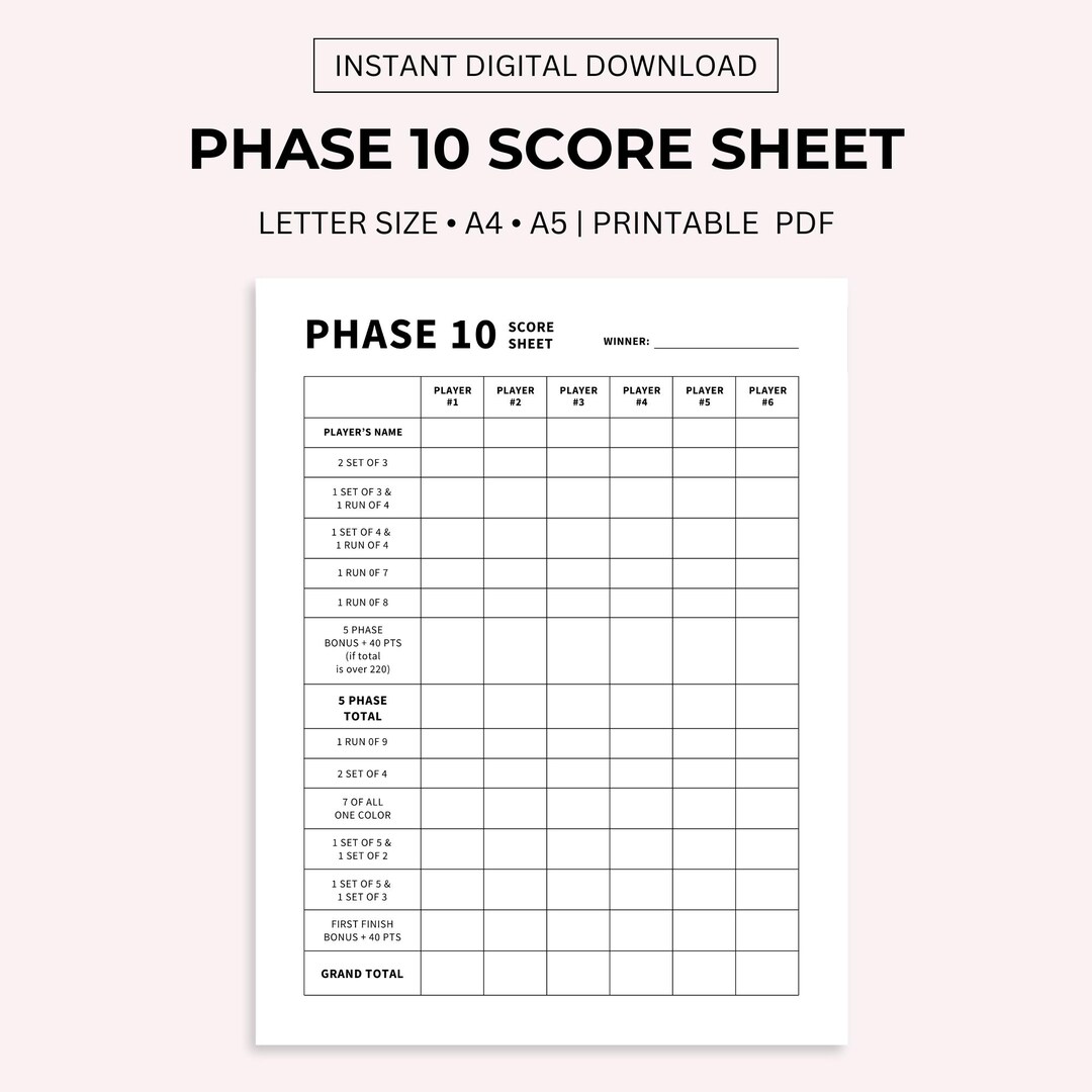 Phase 10 Dice Score Sheet, Phase 10 Dice Game Record Keeper Sheet ...