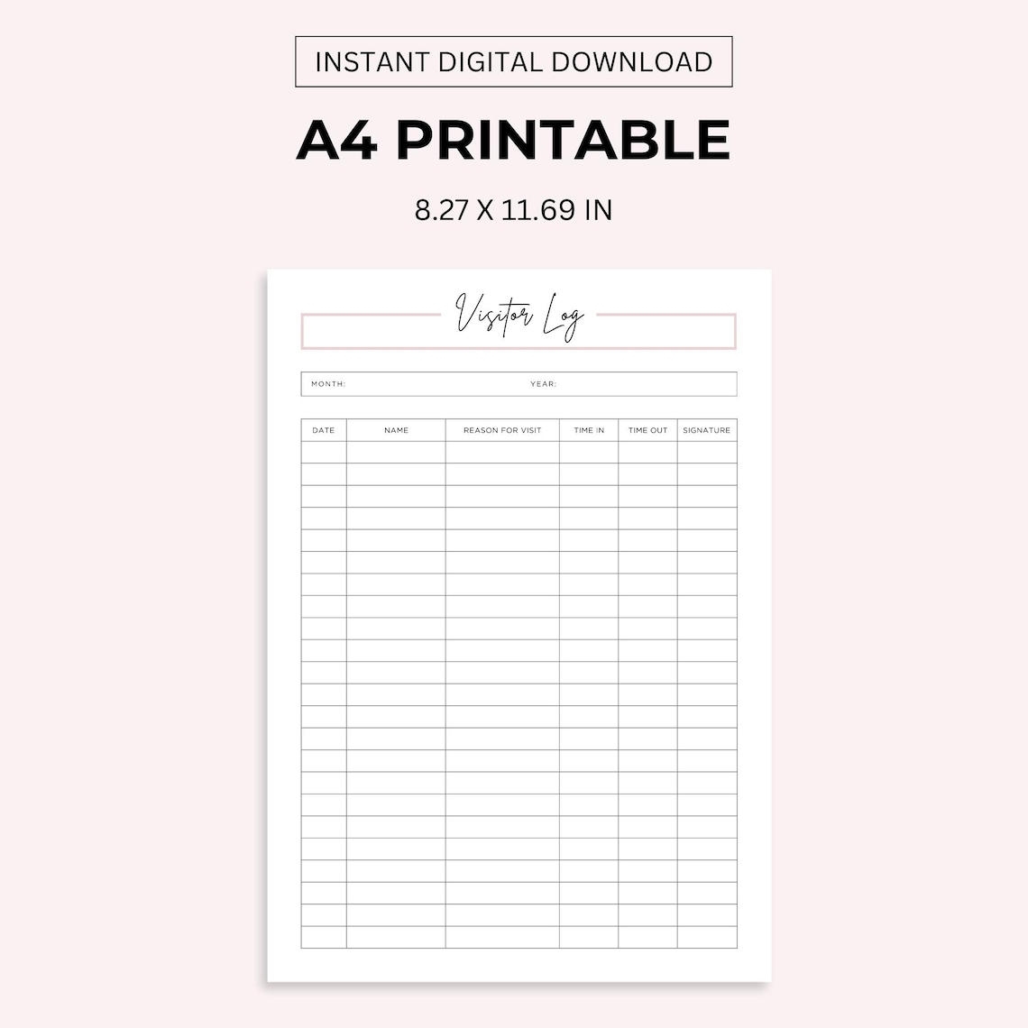 Visitor Log Printable: Sign In/out Sheet (letter/a4/a5 PDF) - Etsy