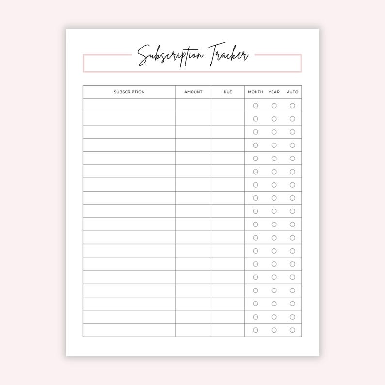 Subscription Tracker Printable, Membership Tracking, Account Tracker, Monthly Subscription ...