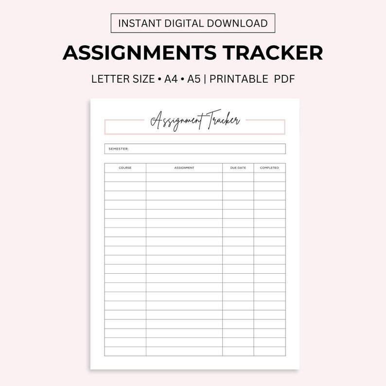 Assignment Tracker Printable, Weekly Homework Planner, Assignment ...
