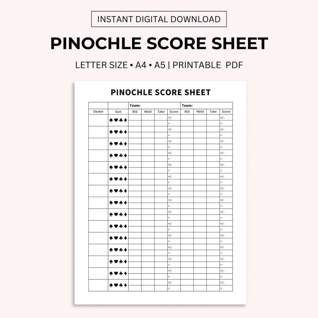 Pinochle Score Sheet: Printable Scorecard (letter/a4/a5 PDF) - Etsy