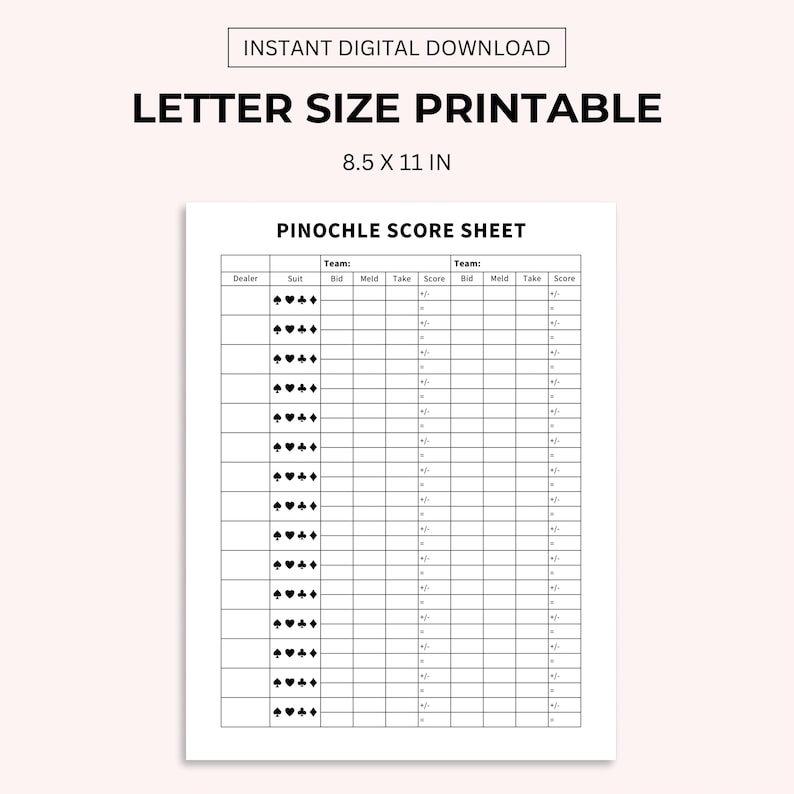 Pinochle Score Sheet: Printable Scorecard (letter/a4/a5 PDF) - Etsy