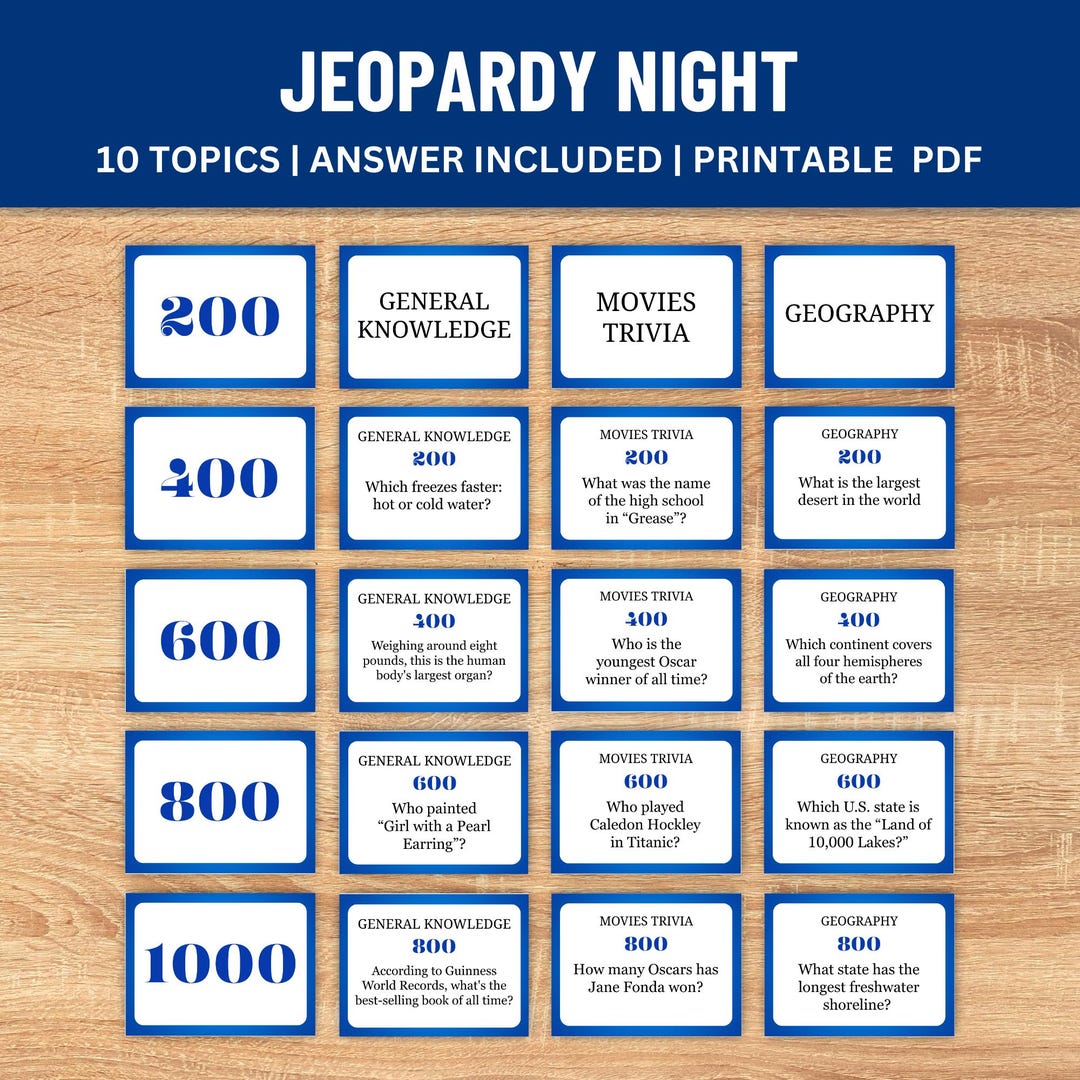 Printable Jeopardy Night Game: Office Trivia, Party Activities ...