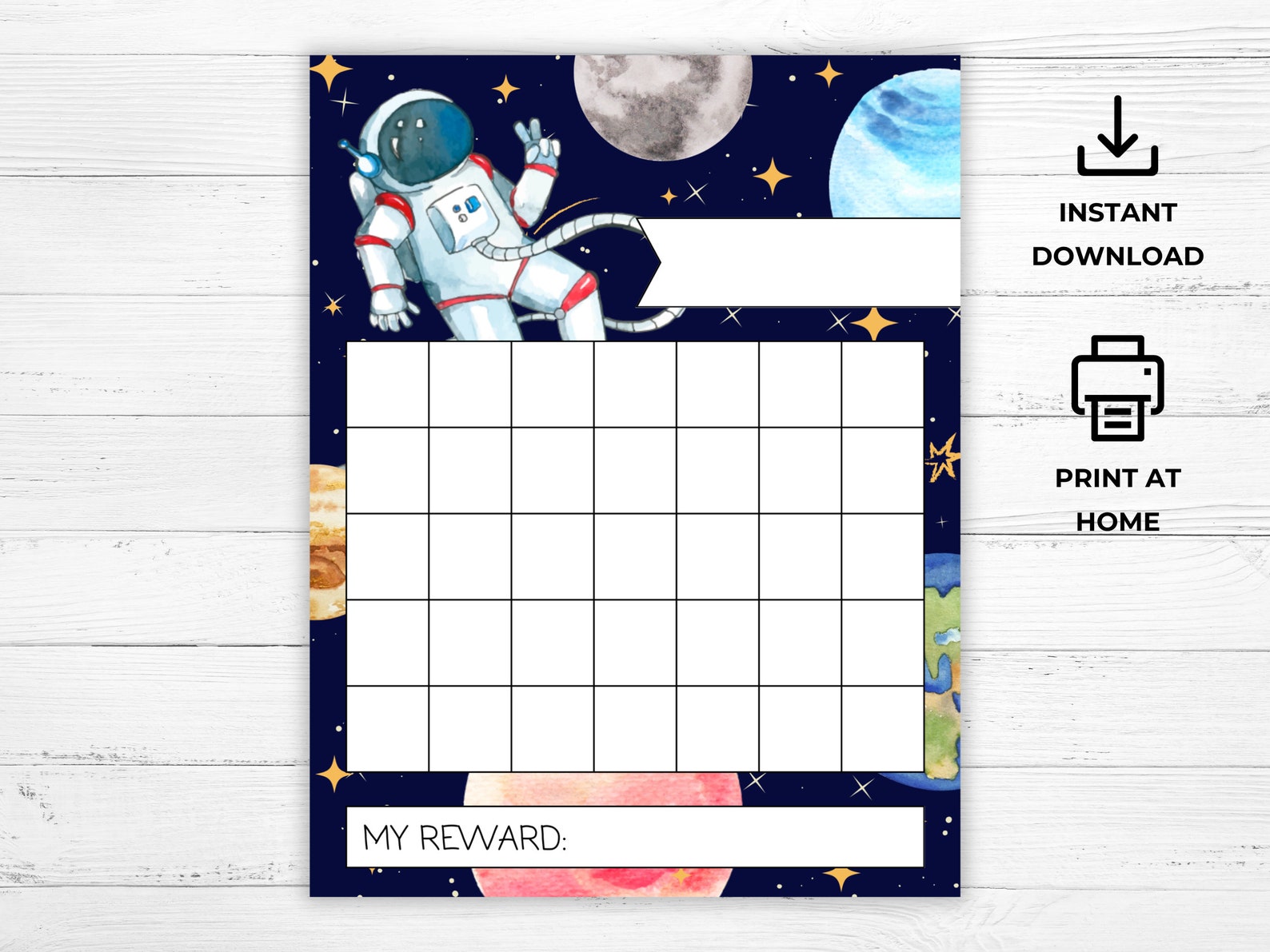 Printable Reward Chart for Kids, Astronaut Reward Chart, Daily Chore ...