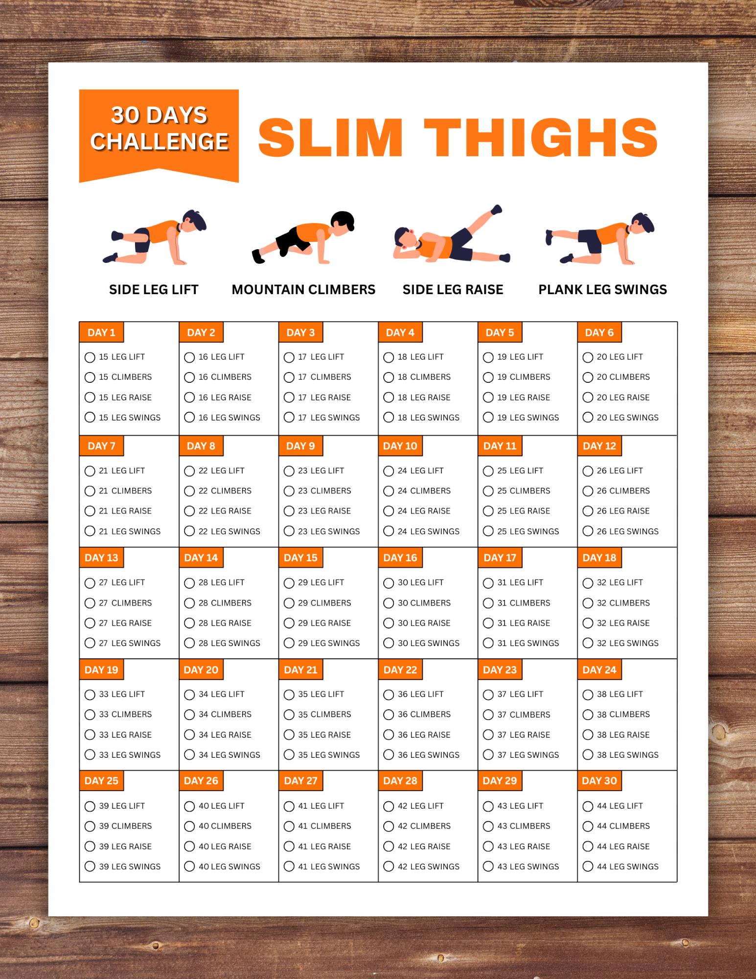 30 Days Slim Thighs Challenge, Fitness Challenge, Exercise Planner ...