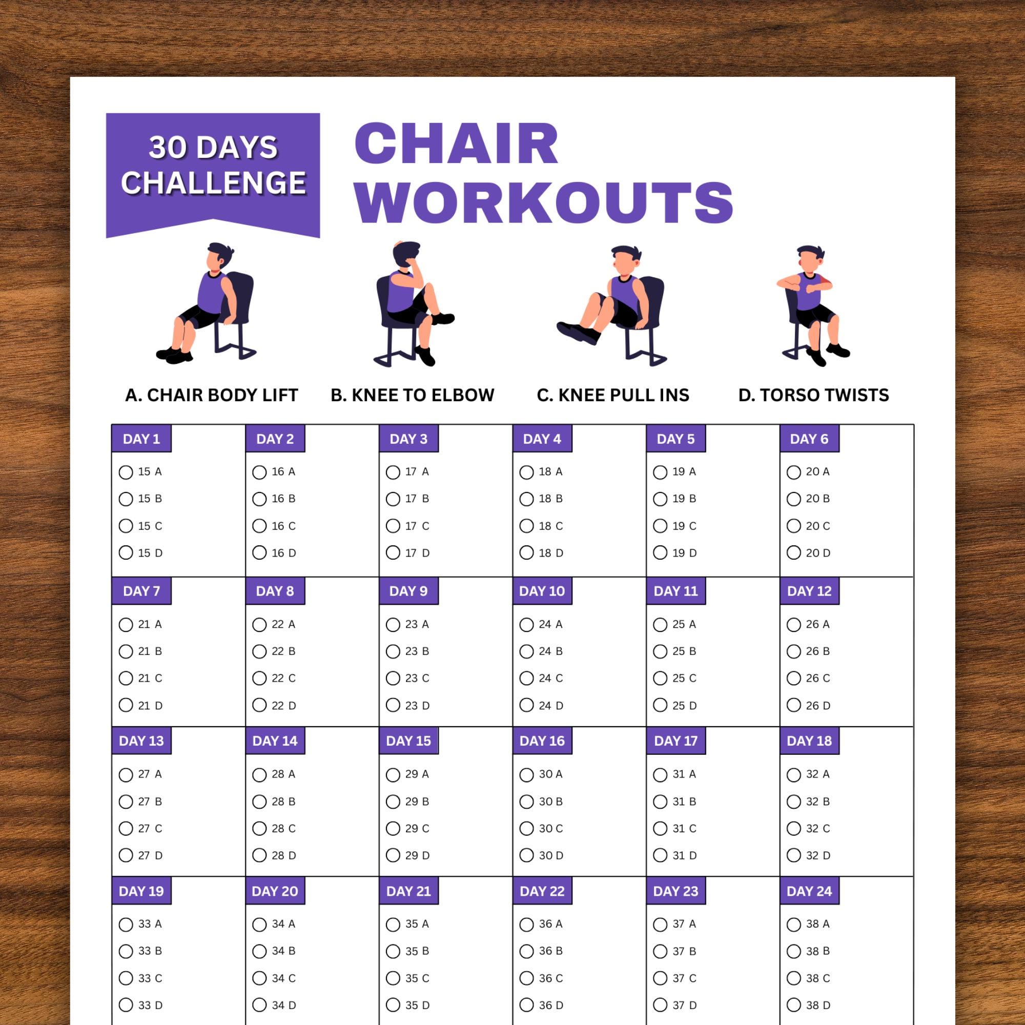 30-day Chair Workout Challenge: Exercise Planner (printable PDF) - Etsy
