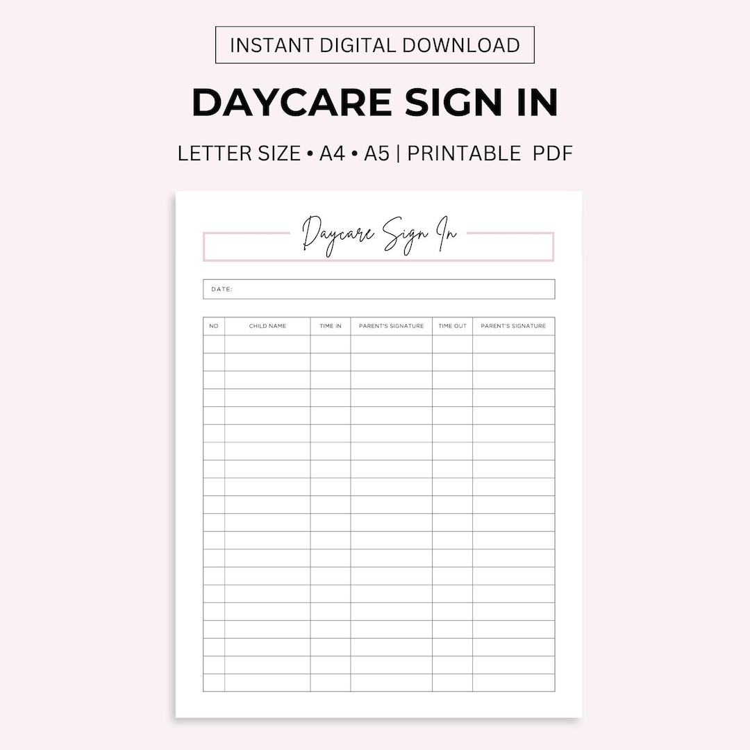 Day Care Sign in Sheet Printable, Sign Out Sheet, Preschool, Summer ...