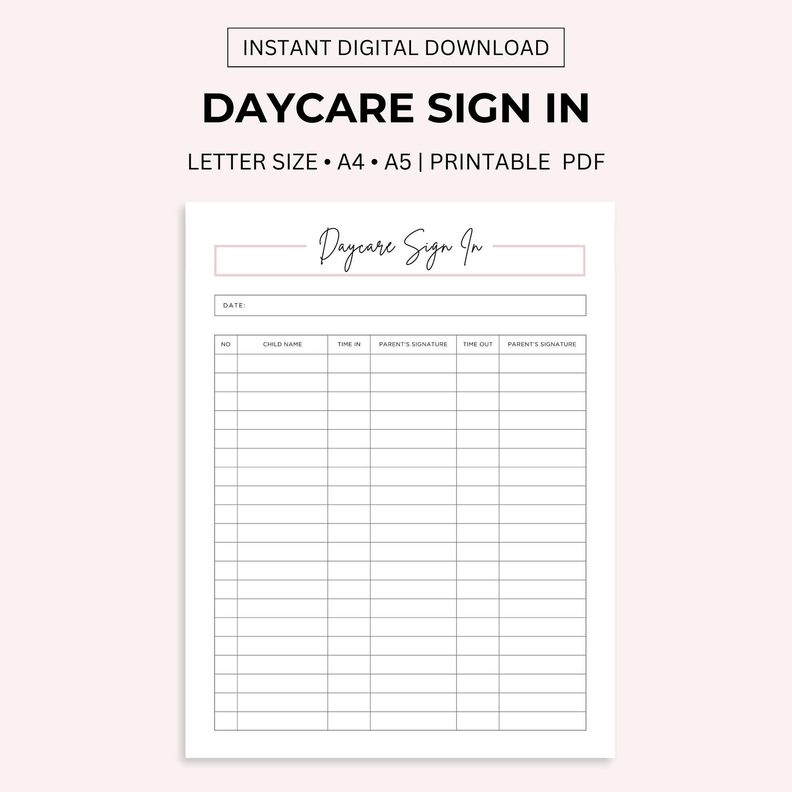 Day Care Sign in Sheet Printable, Sign Out Sheet, Preschool, Summer ...