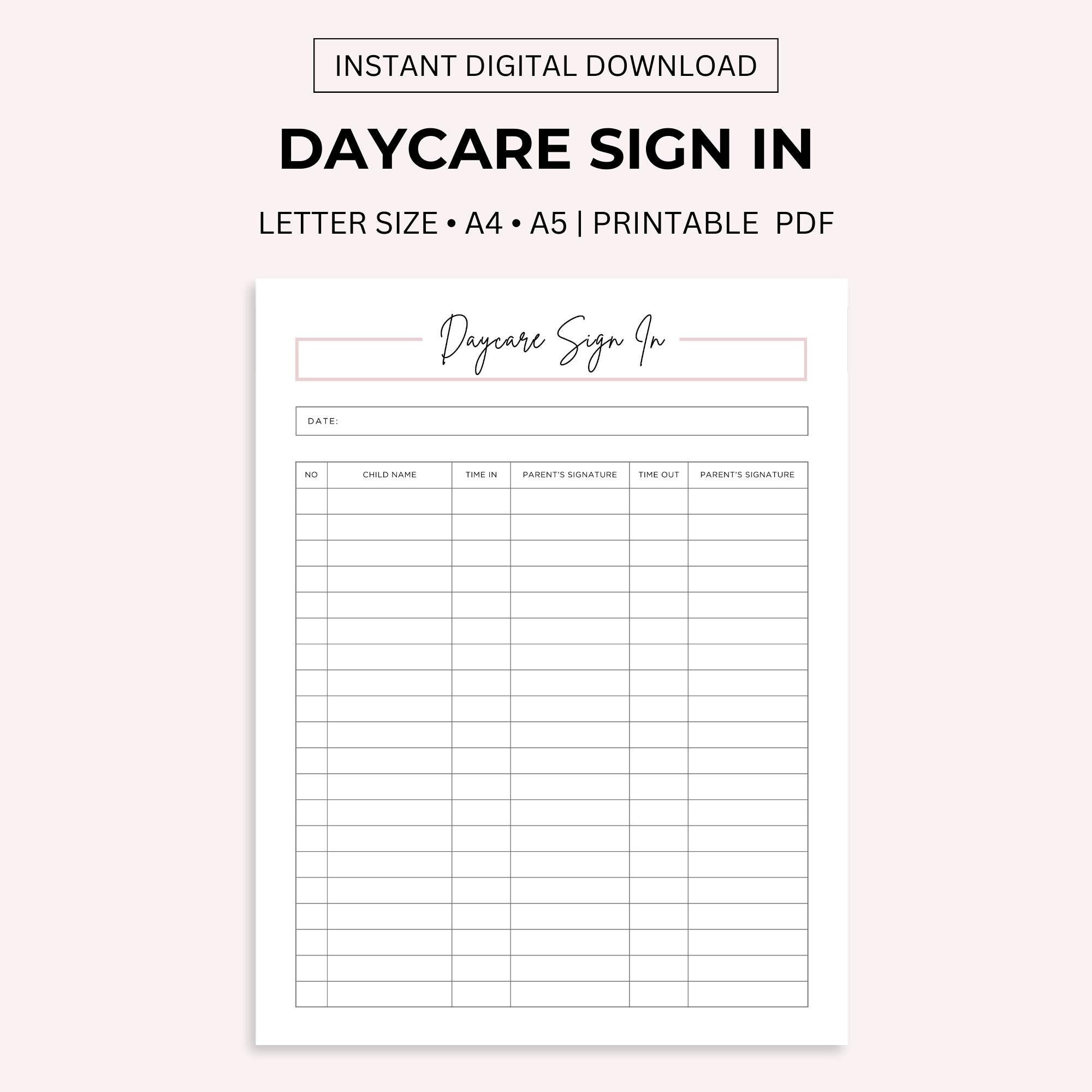 Day Care Sign in Sheet Printable, Sign Out Sheet, Preschool, Summer ...