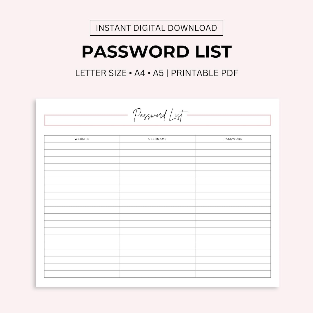 Password List Printable: A4, A5, Letter Size (PDF Download) - Etsy