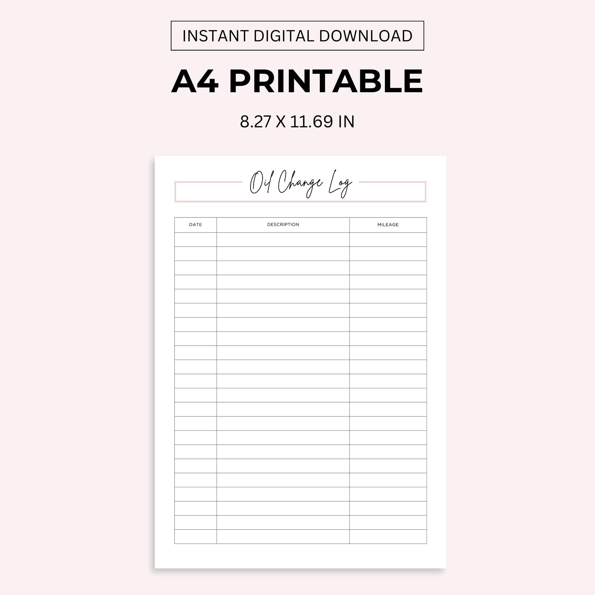 Oil Change Log Printable, Oil Change Tracker, Oil Change Record, Oil ...